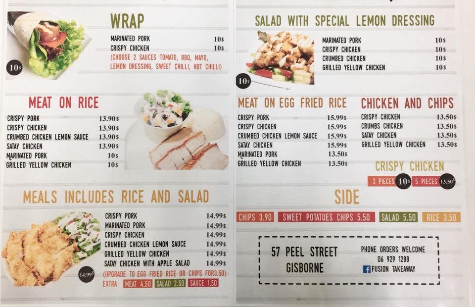 Menu at Fusion Takeaway restaurant, Gisborne