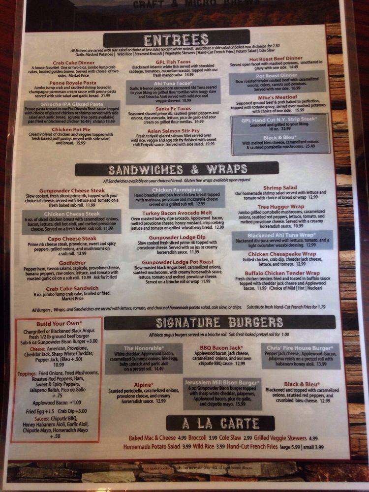 Menu at Gunpowder Lodge pub & bar, Kingsville