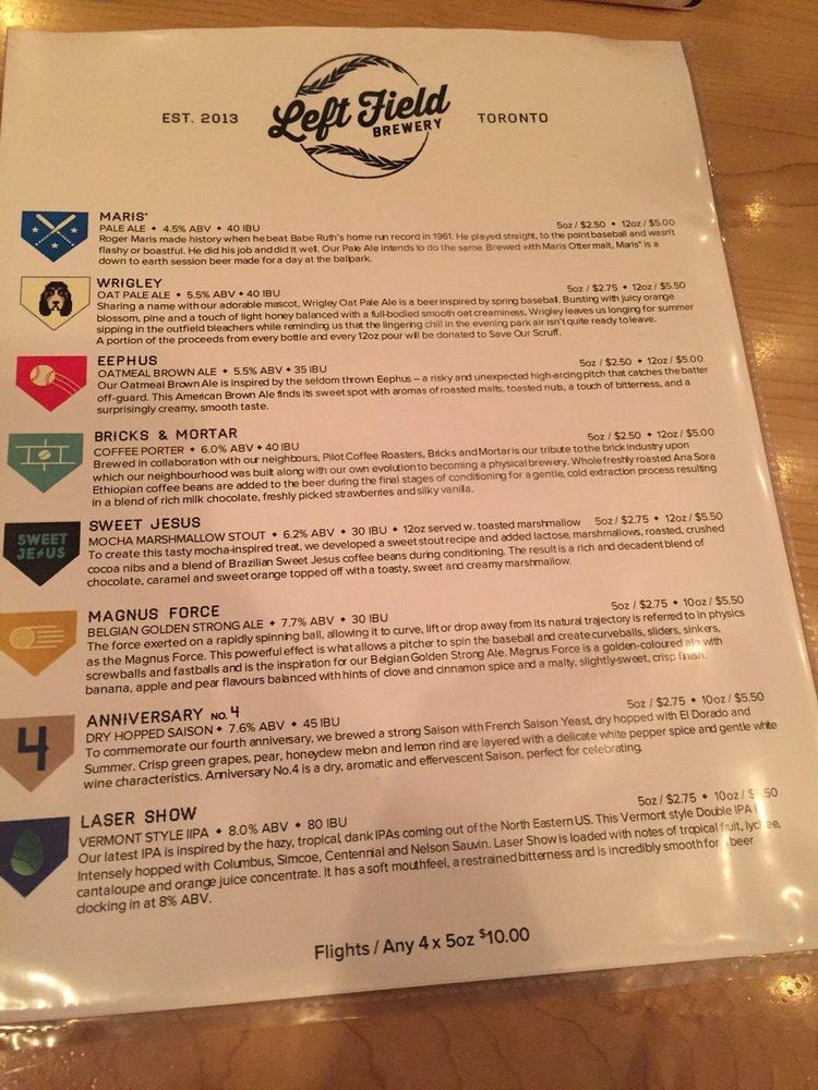 Menu at Left Field Brewery pub & bar, Toronto