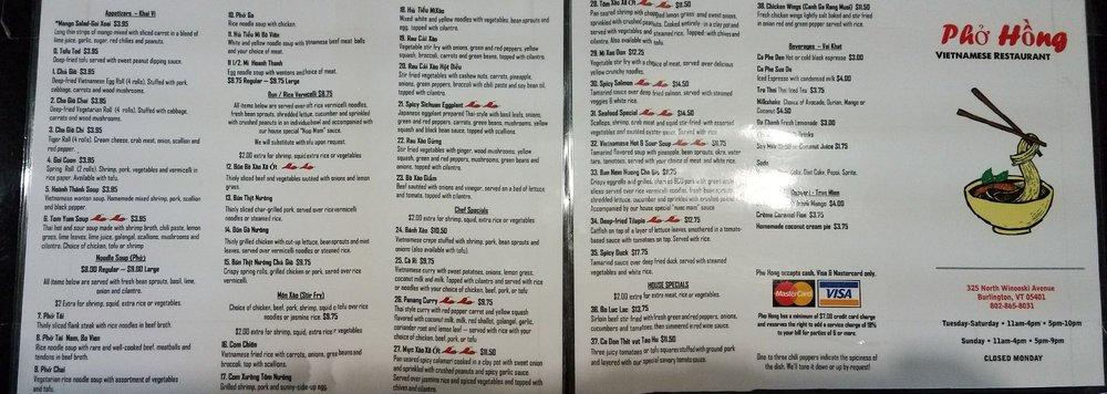 Menu at Pho Hong restaurant, Burlington