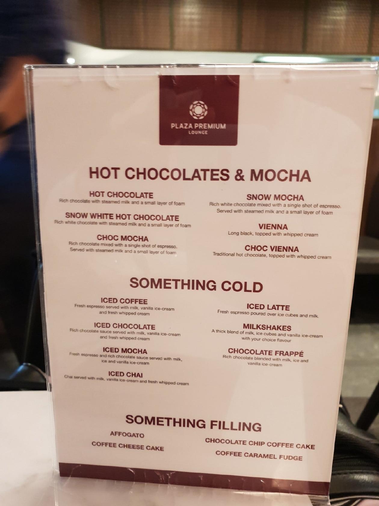 Menu at Plaza Premium Lounge, Melbourne Airport