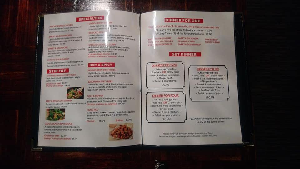 Menu at The Old Elevator restaurant, Fernie