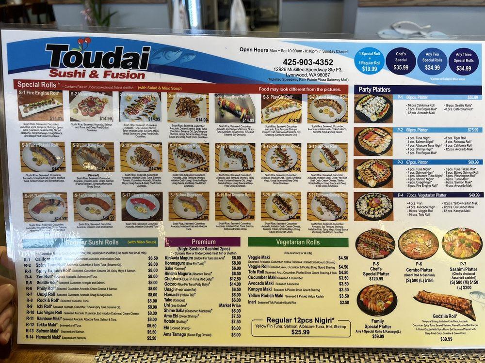 Menu at Toudai Sushi & Fusion restaurant, Lynnwood