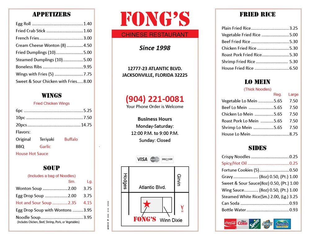 Menu at Fong's Chinese Restaurant, Jacksonville