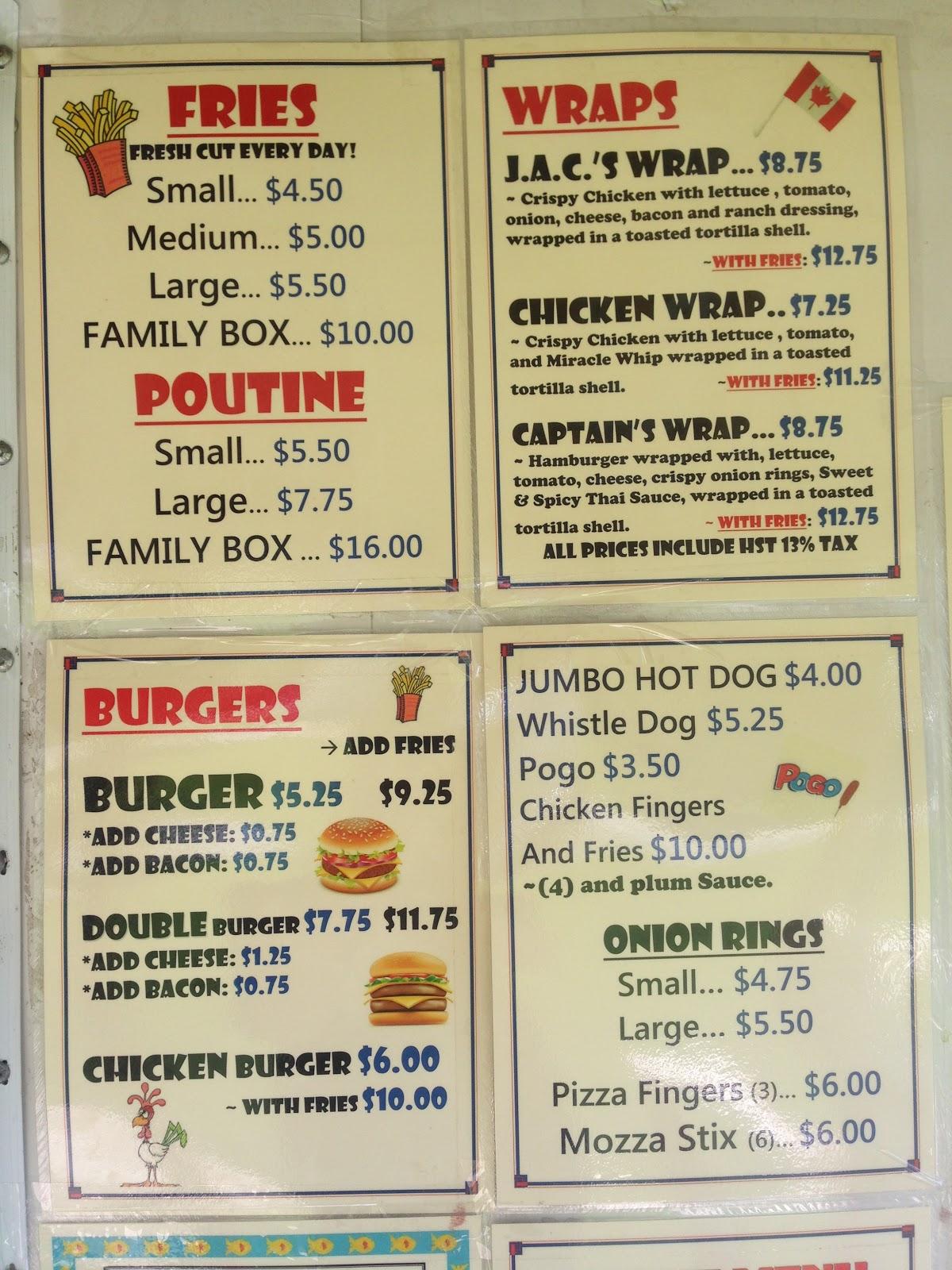Menu at JAC's Chip Wagon fast food, Newboro