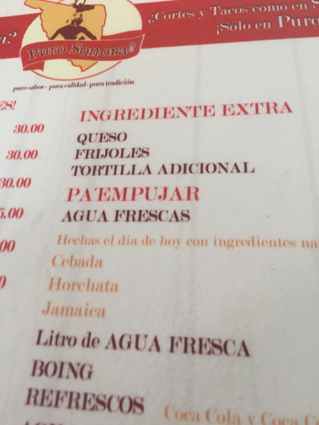 Menu at Puro Sonora steakhouse, Metepec, Av Tecnológico 1729