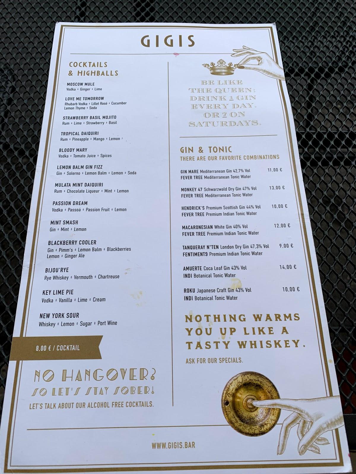 Speisekarte von Gigis Bar, Meran