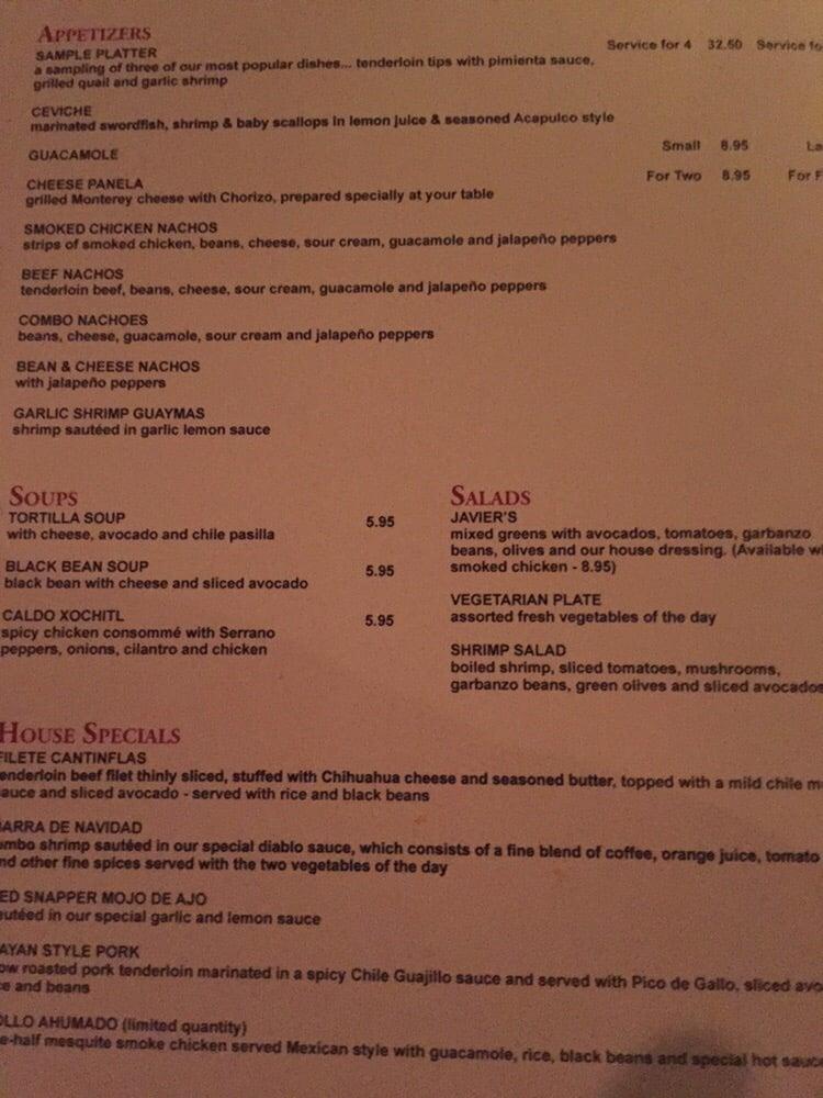 Menu at Javier's Gourmet Mexicano pub & bar, Dallas