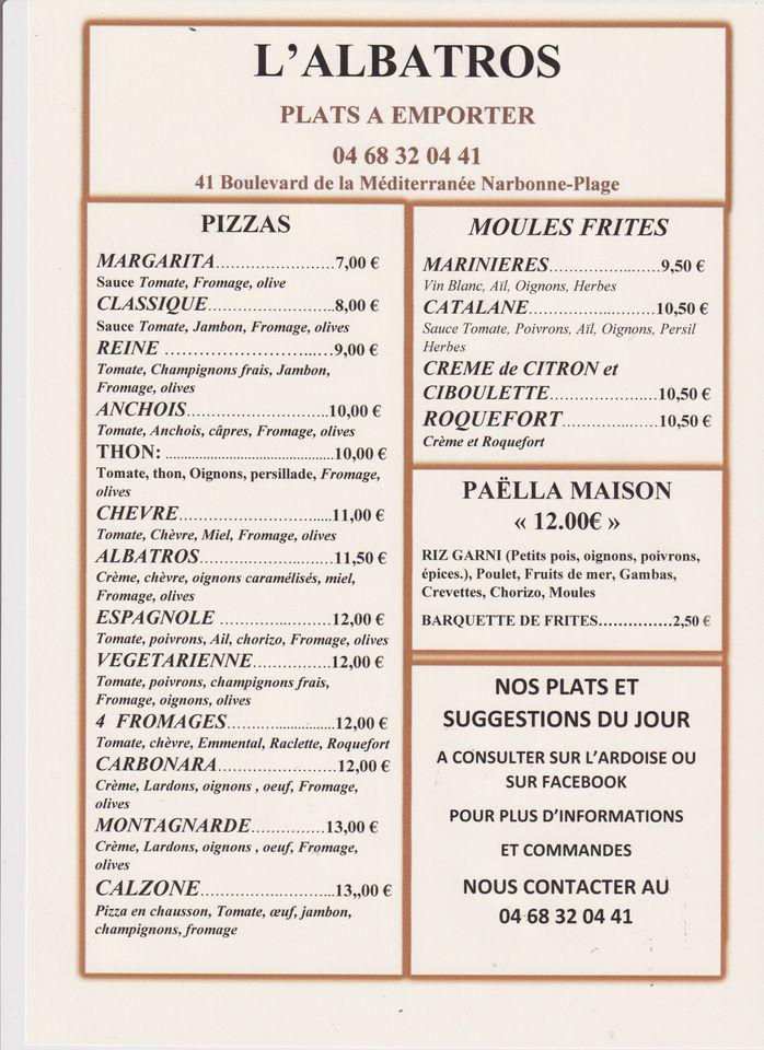 Menu au Restaurant L'ALBATROS, Narbonne