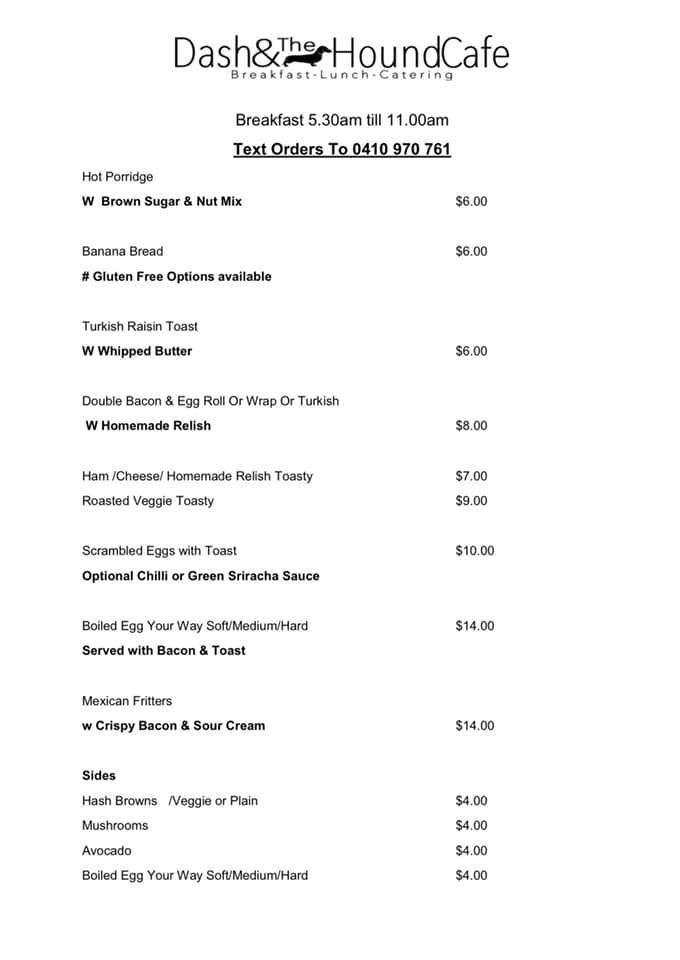 Menu at Dash and the Hound Cafe, Gateshead