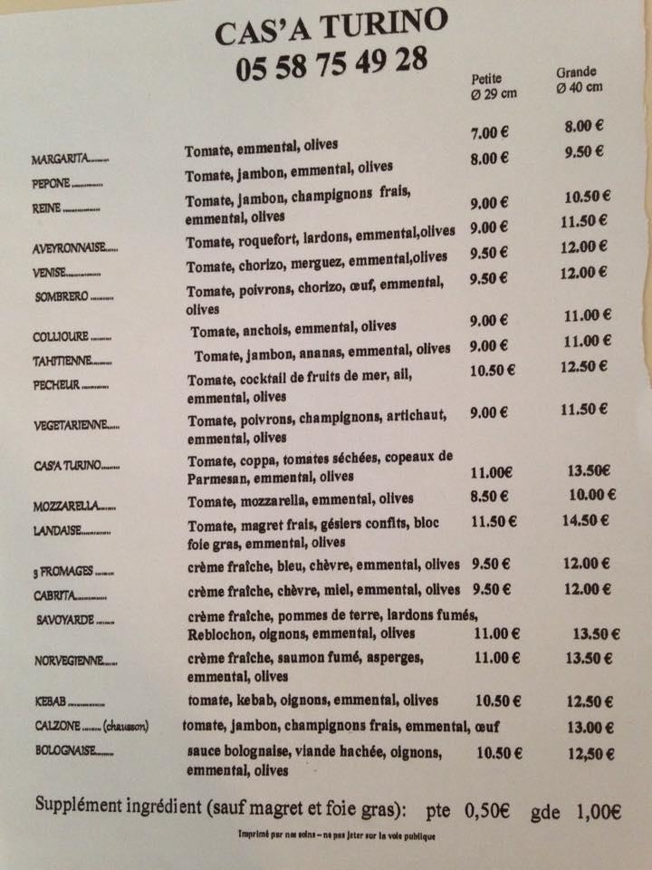 Menu at Cas'a Turino restaurant, Aire-sur-l'Adour
