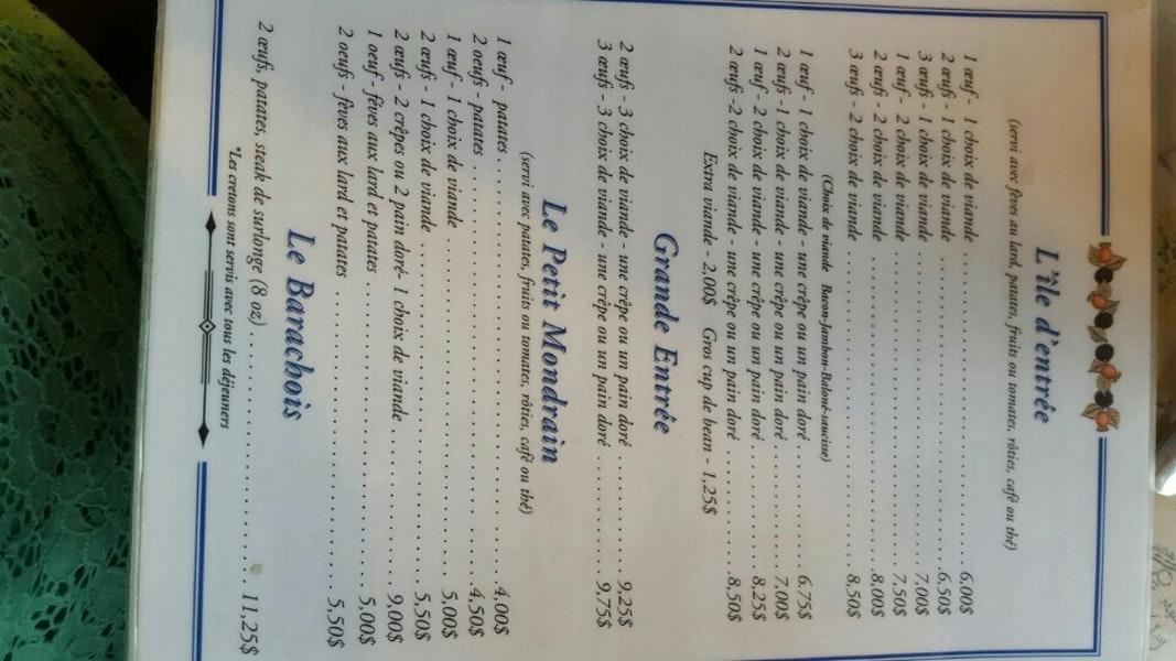 Menu au Chez Jacquie et France restaurant, Montréal