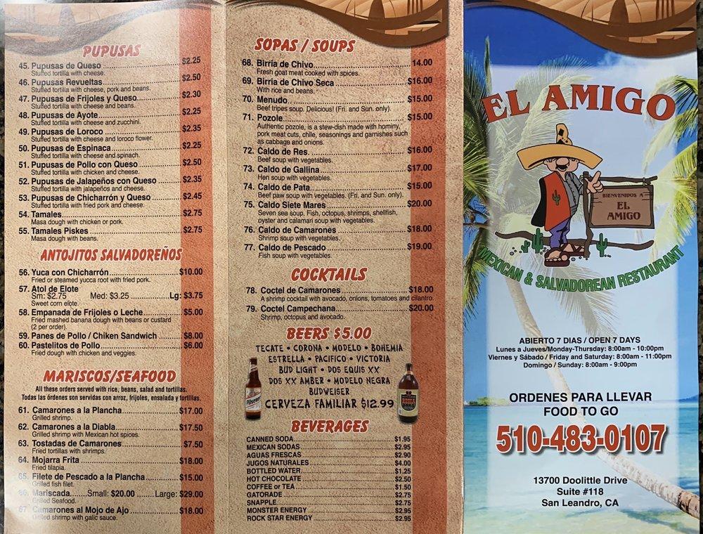 Menu at El Amigo restaurant, San Leandro