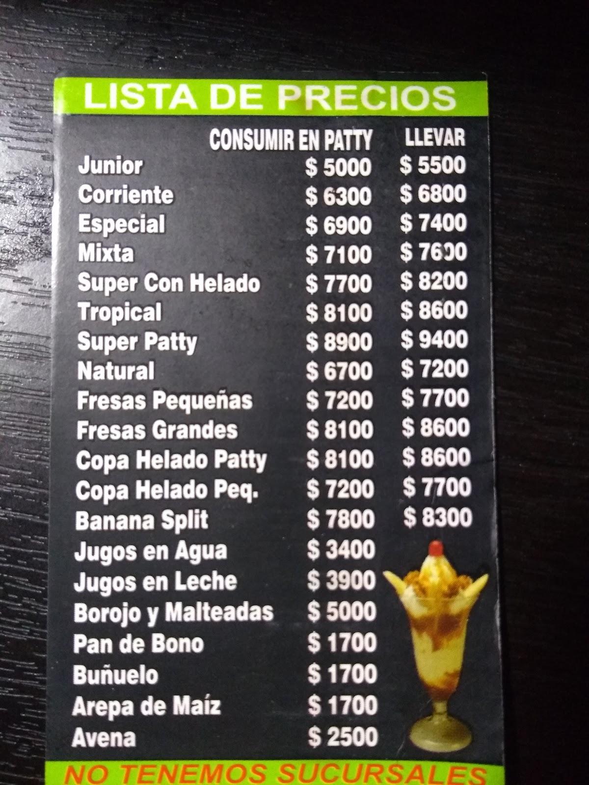 Menu at Frutería y Heladería Patty de Bosa, Bucaramanga