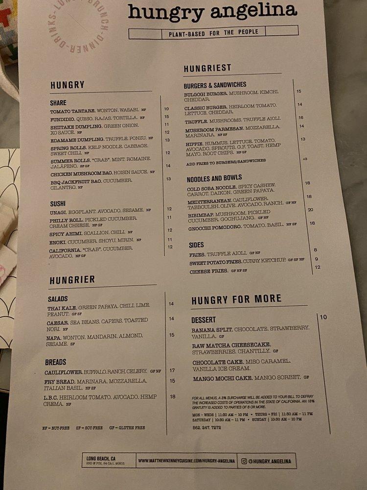 Menu at Hungry Angelina restaurant, Long Beach