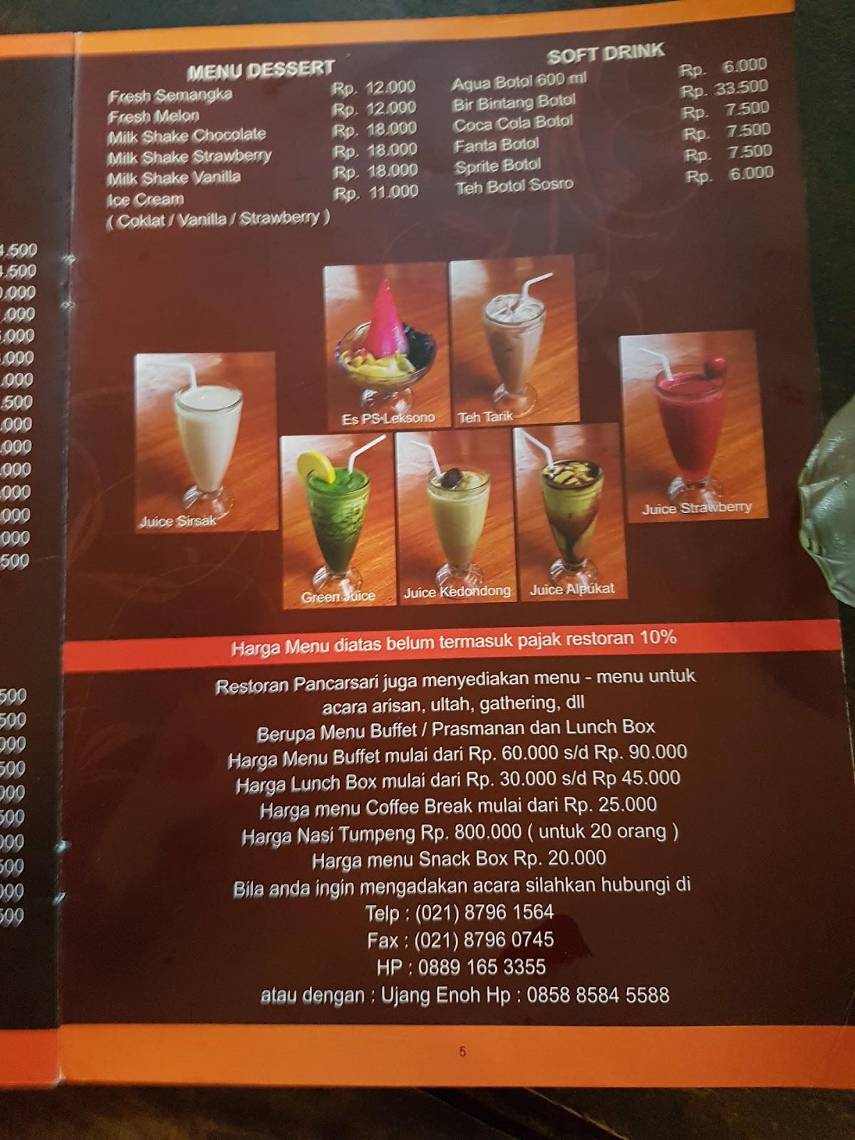 Menu at Restoran Pancarsari Taman Budaya Sentul City Bogor restaurant ...