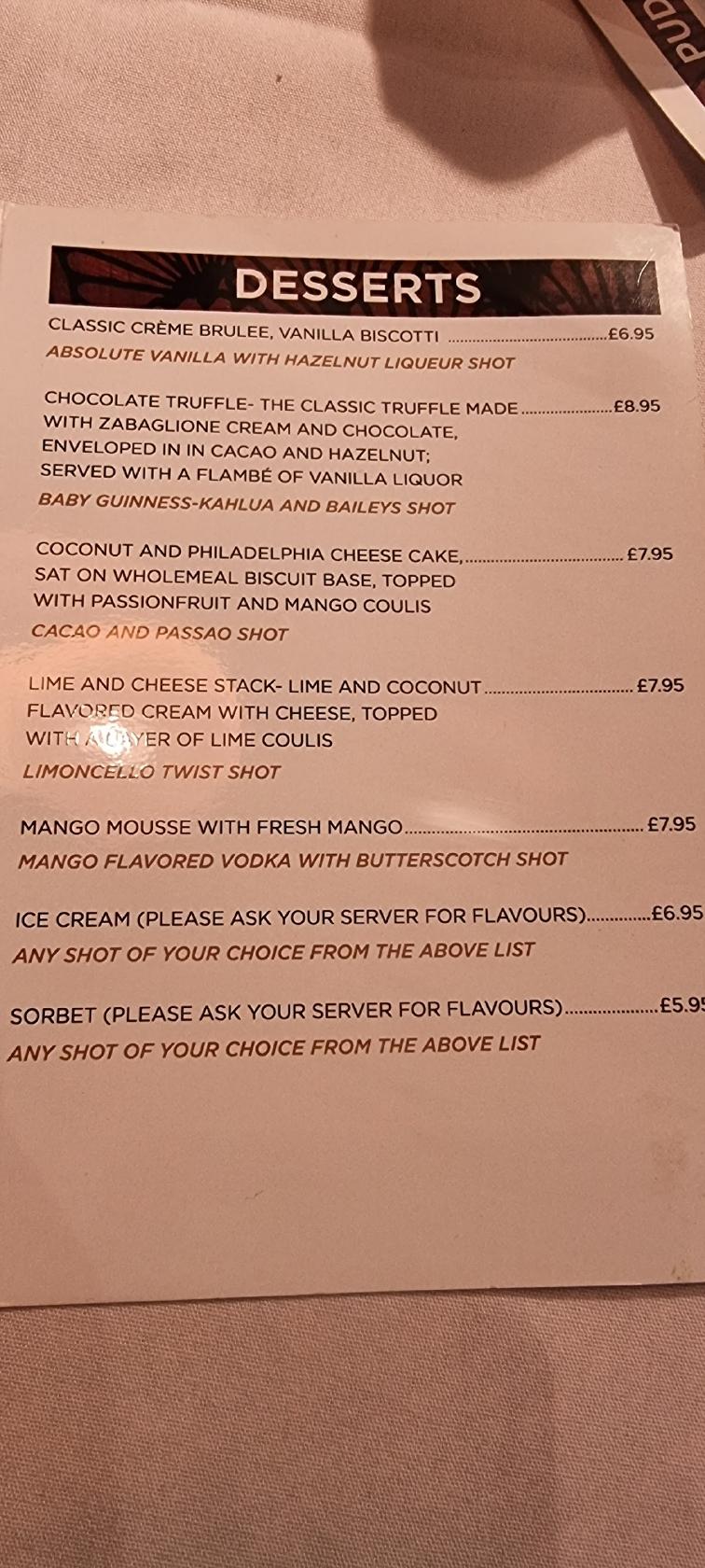 Menu at Zen Metro restaurant, Birmingham
