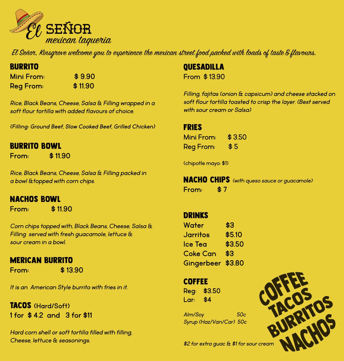 Menu at El Senior Mexican Taqueria restaurant, Kingsgrove