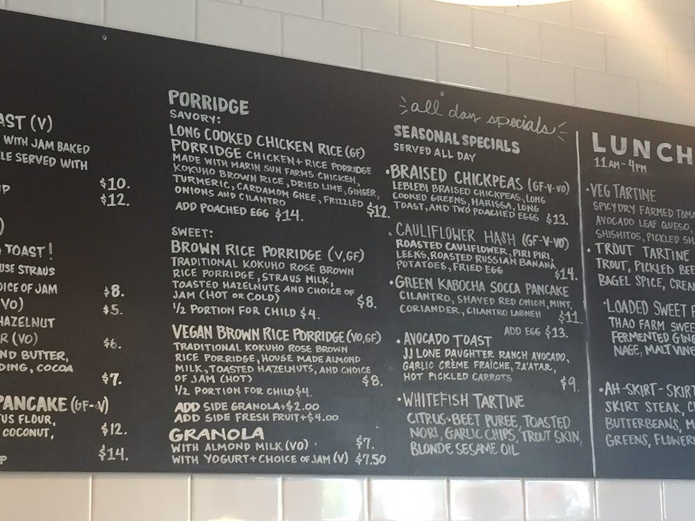 Menu at Sqirl cafe, Los Angeles