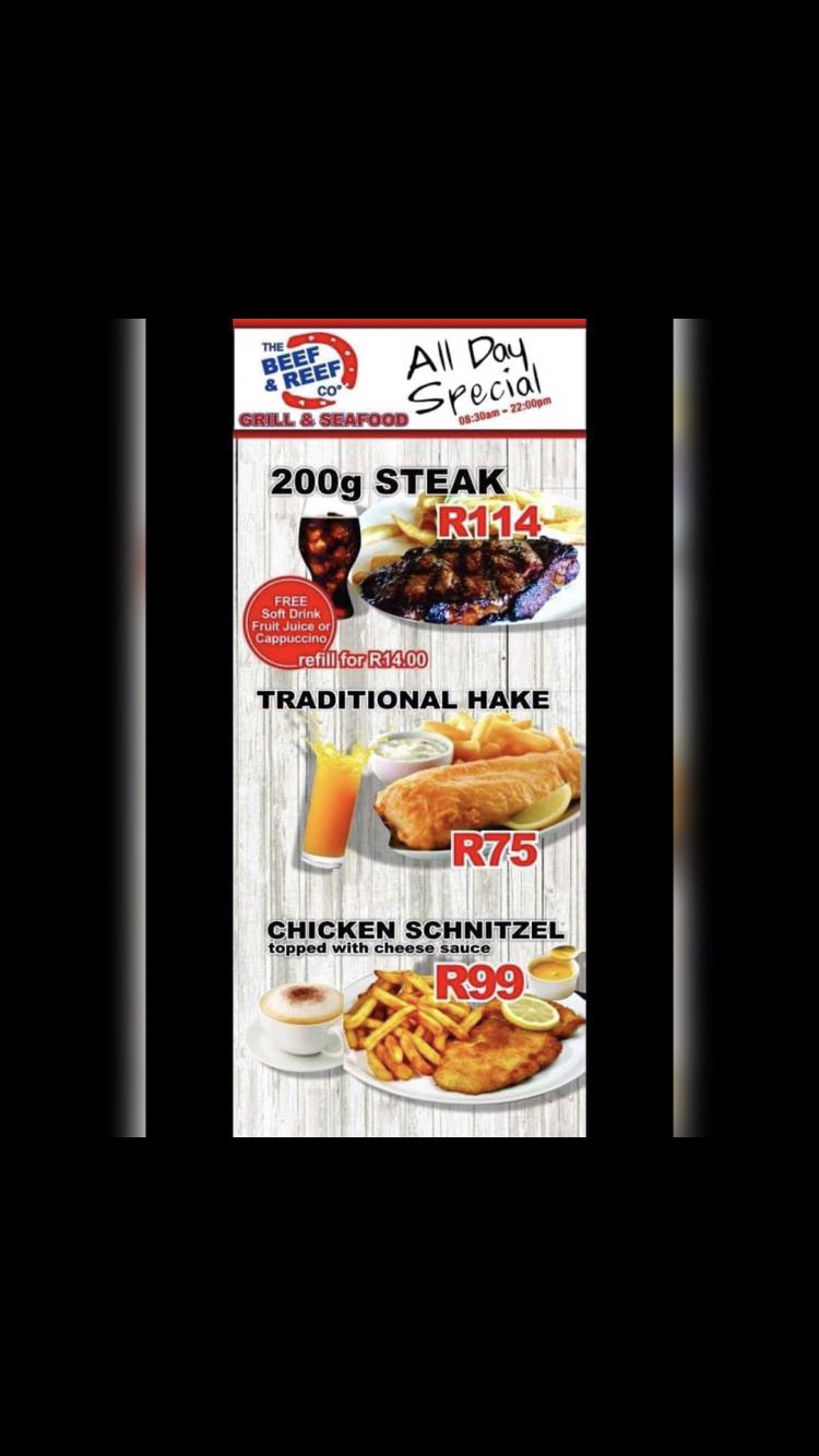 Menu at The Beef 'n Reef restaurant, Bloemfontein, Kenneth Kaunda Rd