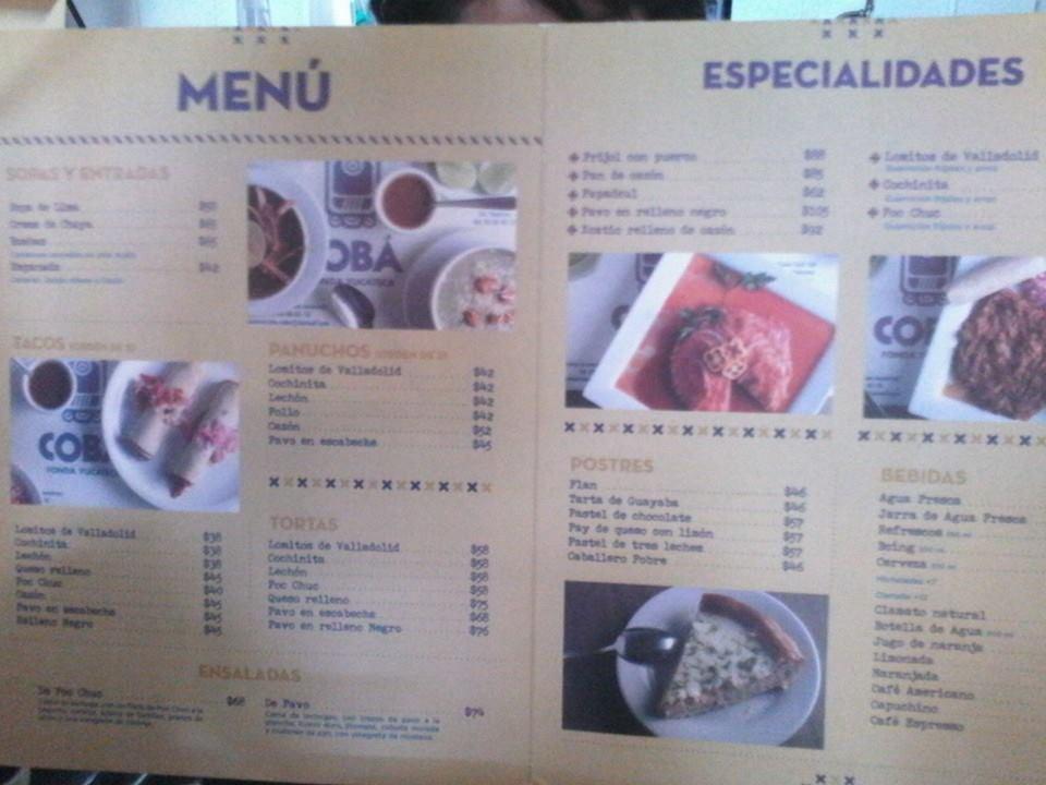 Menu at COBÁ Fonda Yucateca restaurant, Mexico City, Av. San Fernando 286