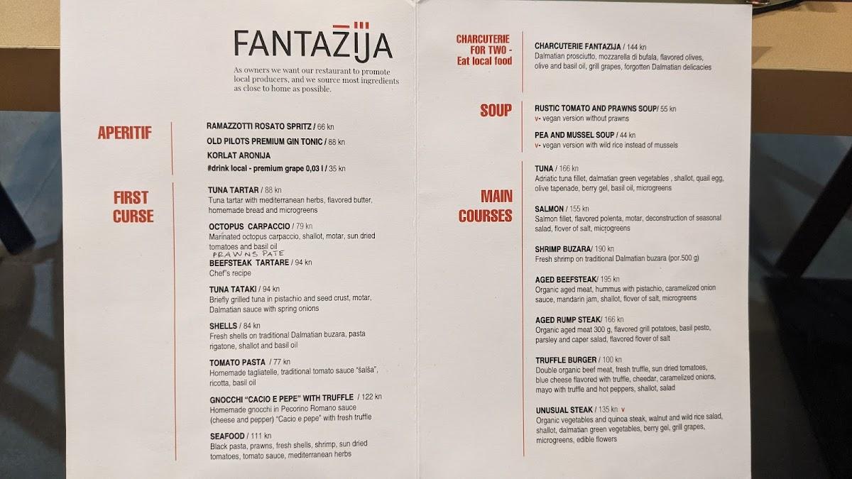 Menu at FANTAŽIJA kitchen and wine restaurant, Split