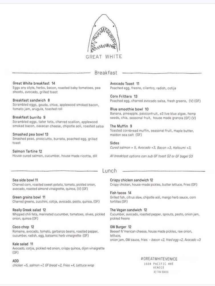 Menu at Great White cafe, Culver City, Pacific Ave