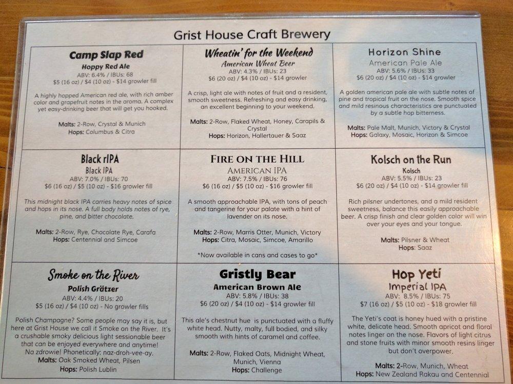 Menu at Grist House Craft Brewery pub & bar, Pittsburgh