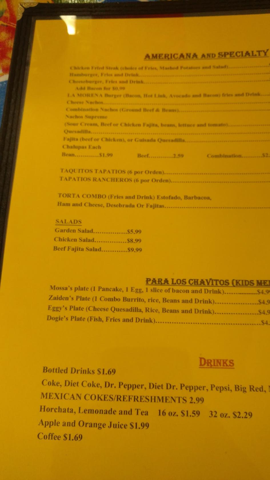 Menu at La Morena restaurant, Odessa, N County Rd W