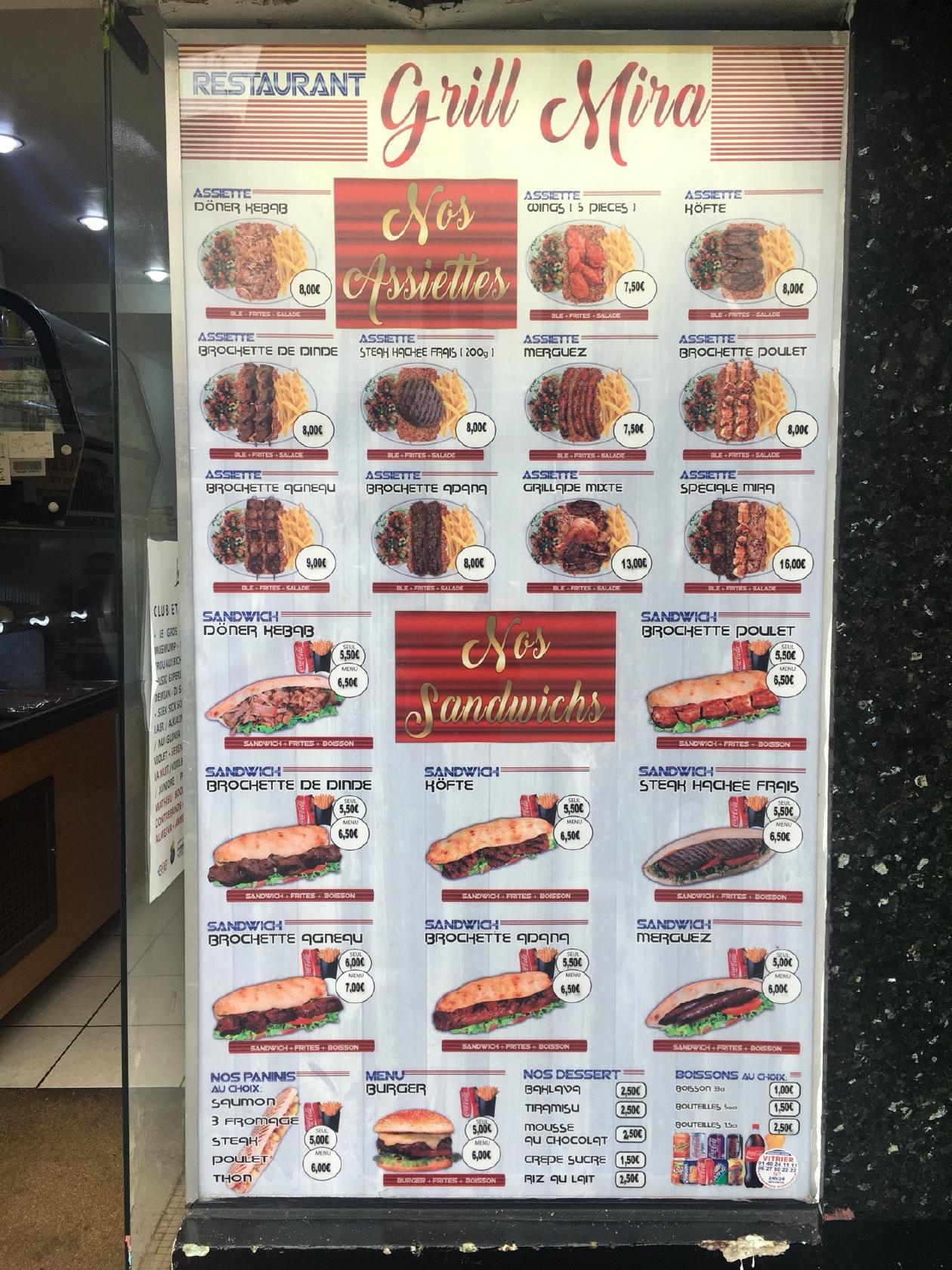 Menu au Mira restaurant, Paris, 306 rue de Belleville