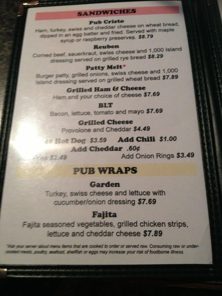 Menu at Piper's Pub, Gladwin