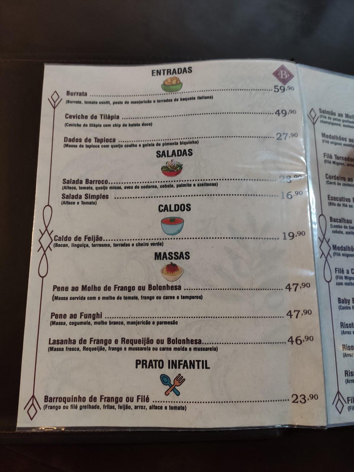 Carta de Restaurante Barroco Mineiro, Divinópolis