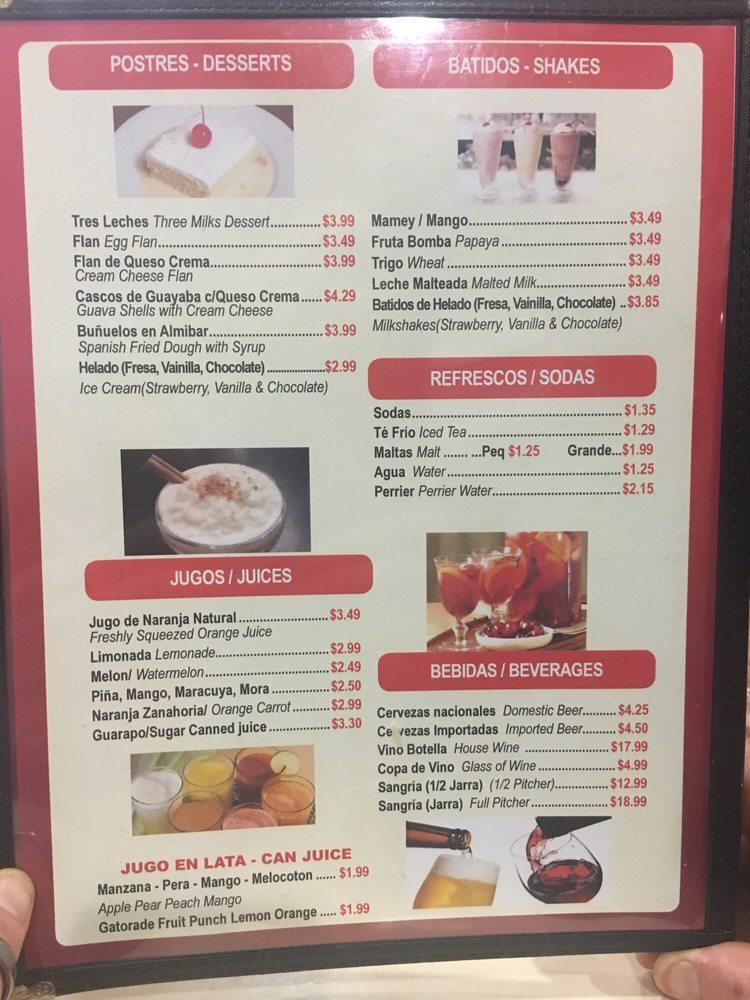 Menu at Rinconcito Cubano Criollo restaurant, Miami, 890 SW 87th Ave