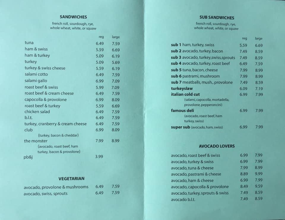 Menu at Vince's Deli restaurant, Pasadena