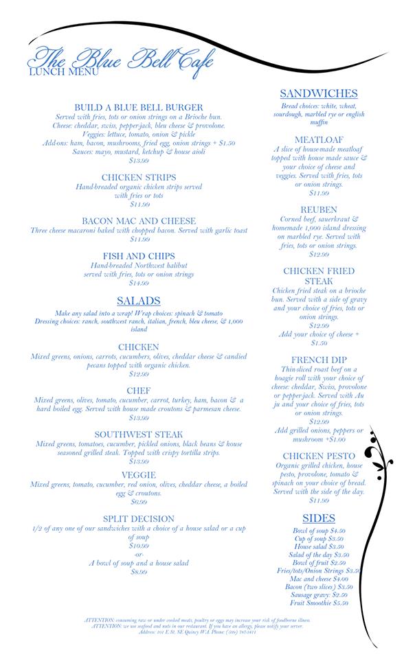 Menu at Bluebell Cafe, Quincy