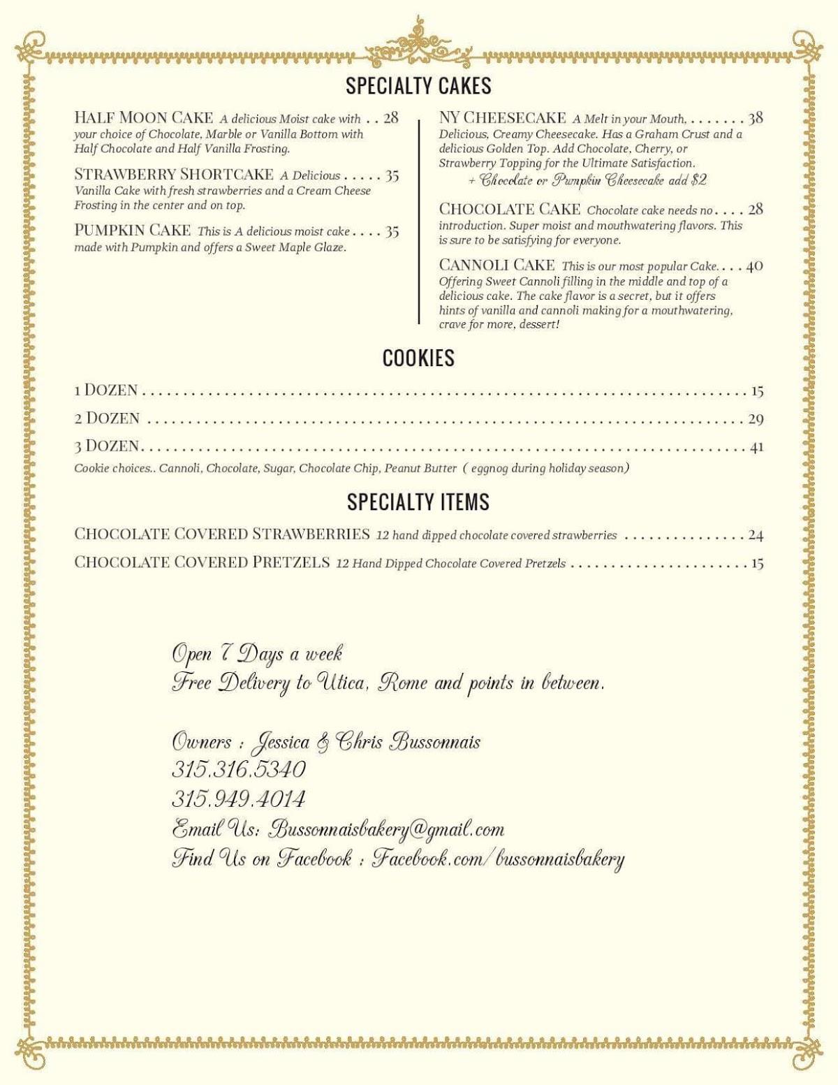 Menu at Bussonnais Bakery, Westmoreland