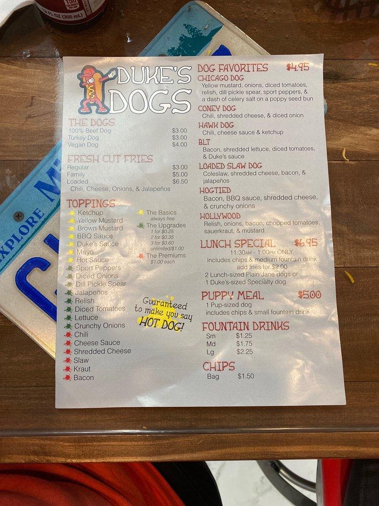 Menu at Duke's Dogs restaurant, Mount Dora