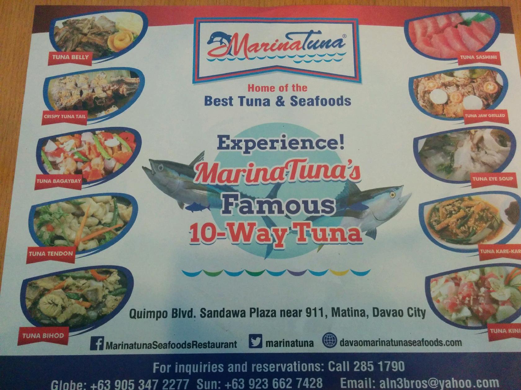 Menu at Marina Tuna restaurant, Davao City, Quimpo Boulevard Sandawa Avenue