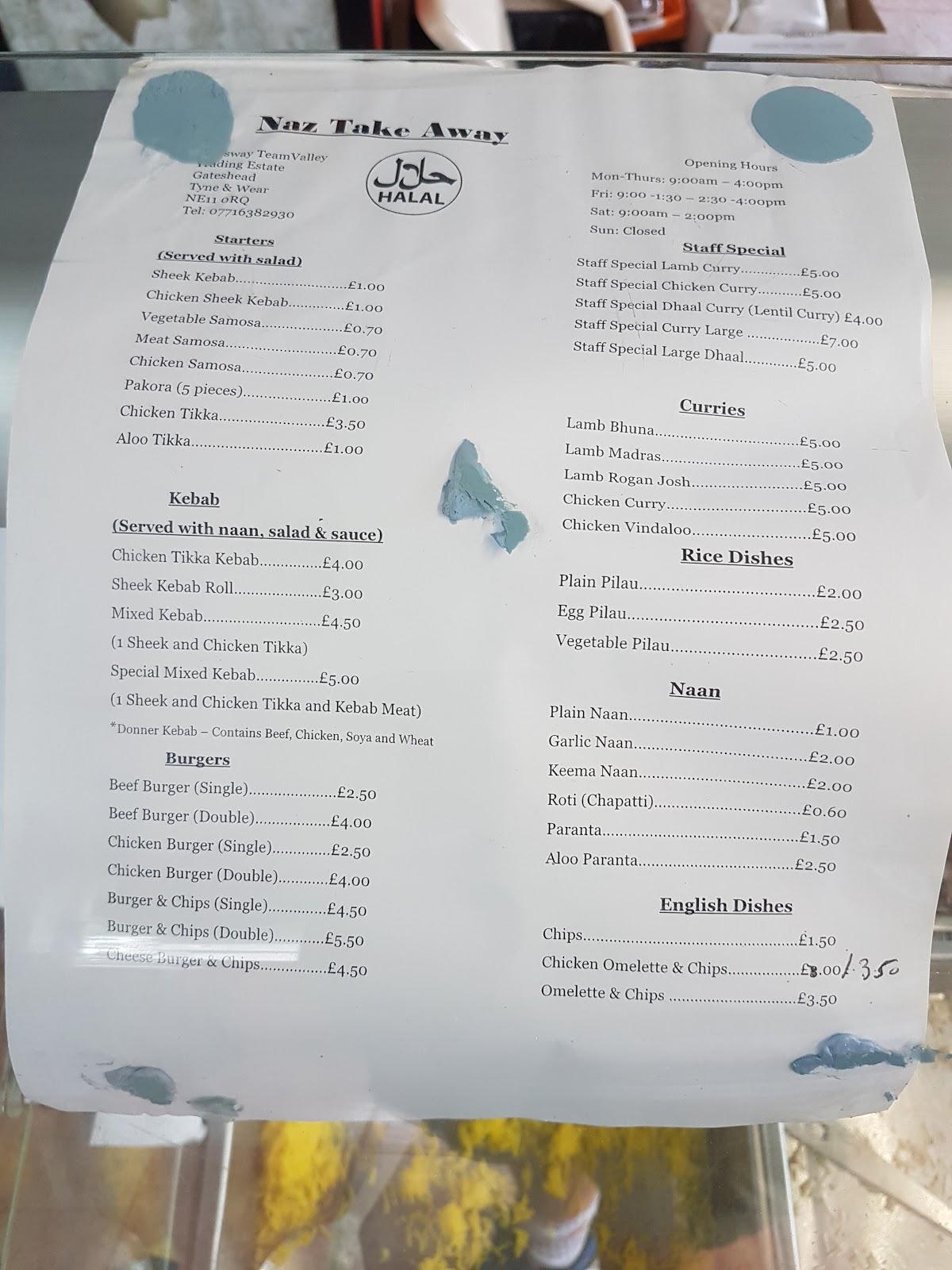 Menu at Naz Takeaway restaurant, Gateshead