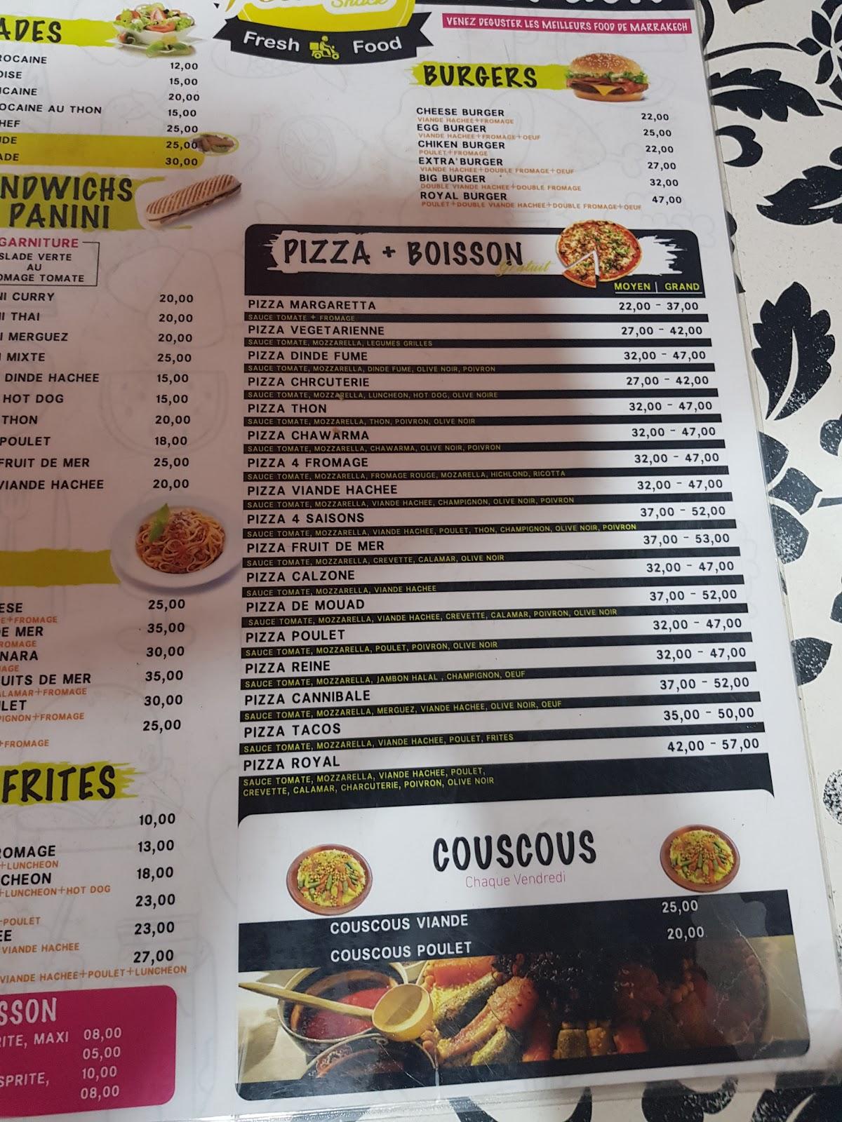 Menu at Snack restaurant, Marrakesh, JXXP+8J7 snack potchez
