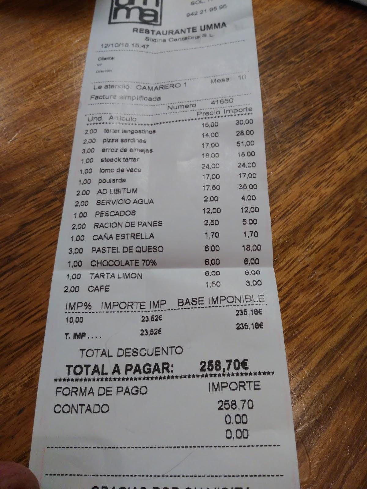 Carta del restaurante Umma, Santander