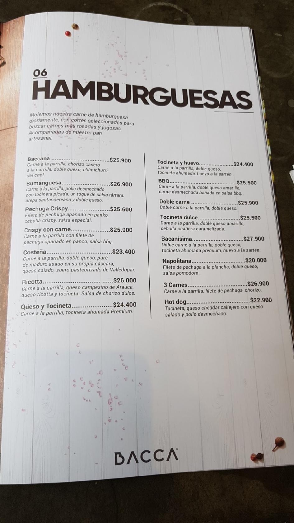 Carta del restaurante BACCA, Bucaramanga