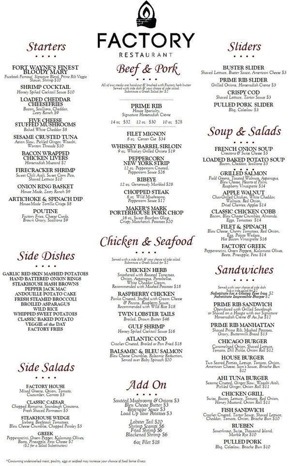 Menu at Don Hall's Factory Restaurant, Fort Wayne