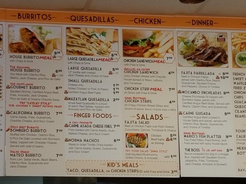 Menu at Mario's Taco & Burger House restaurant, Houston