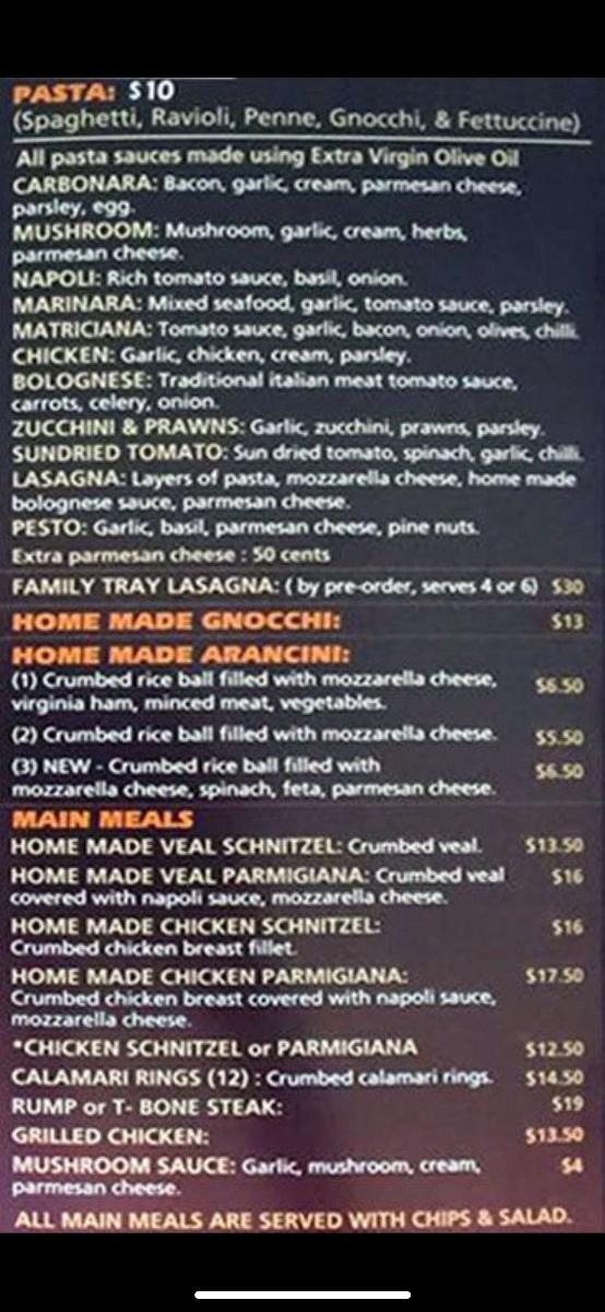 Menu at O'Sole Mio Pizza pizzeria, Doreen