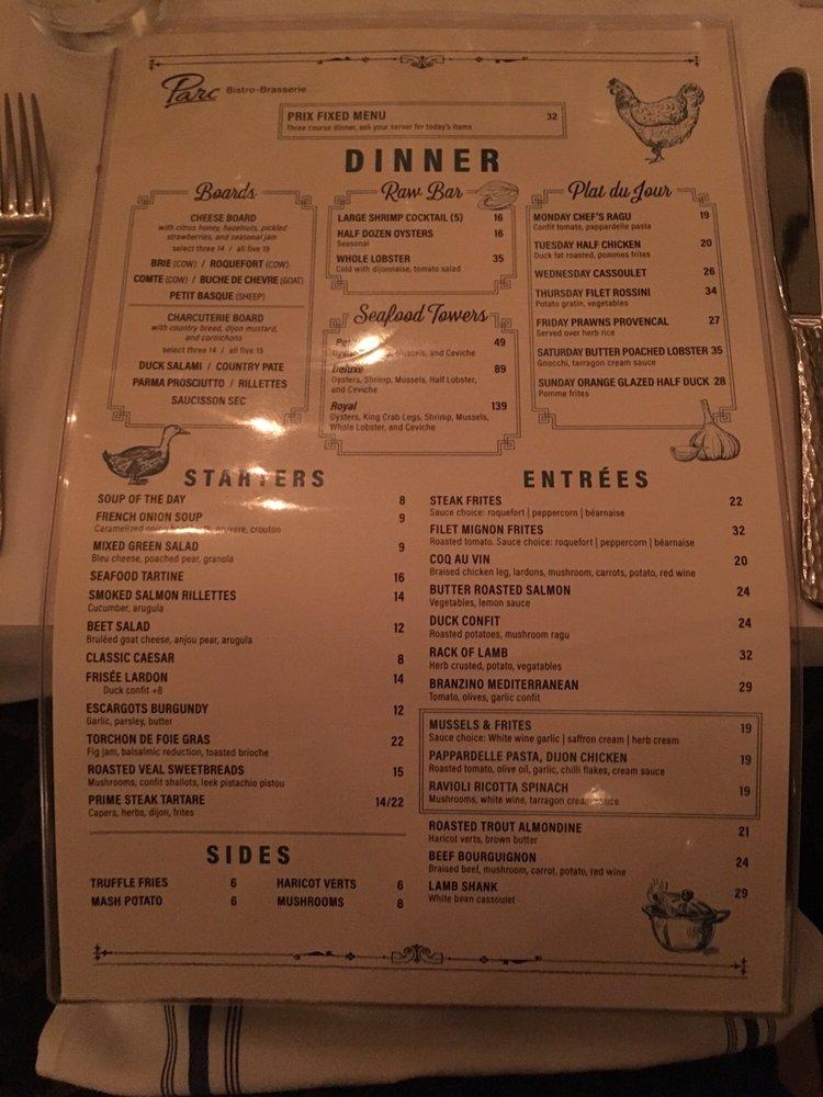 Menu at Parc Bistro-Brasserie restaurant, San Diego