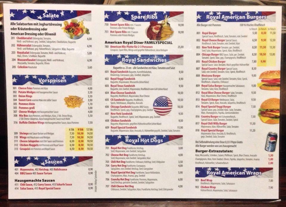 Menu at Royal Diner restaurant, Vienna