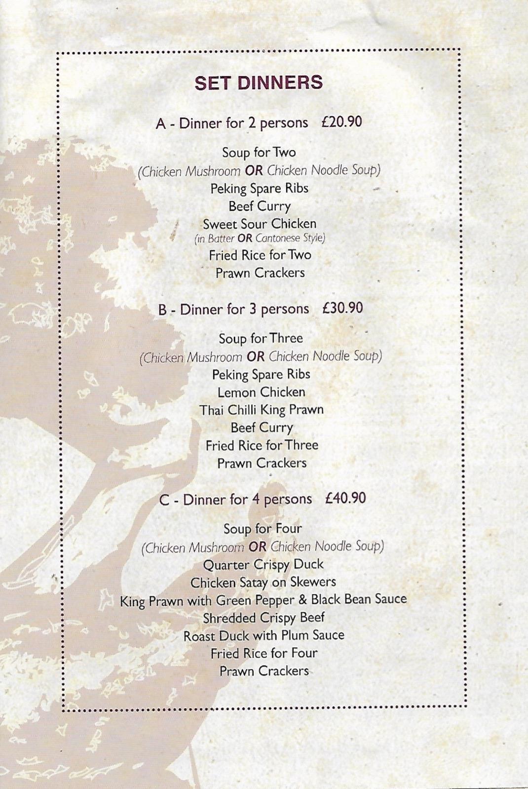 Menu at Sen Lin fast food, Carluke