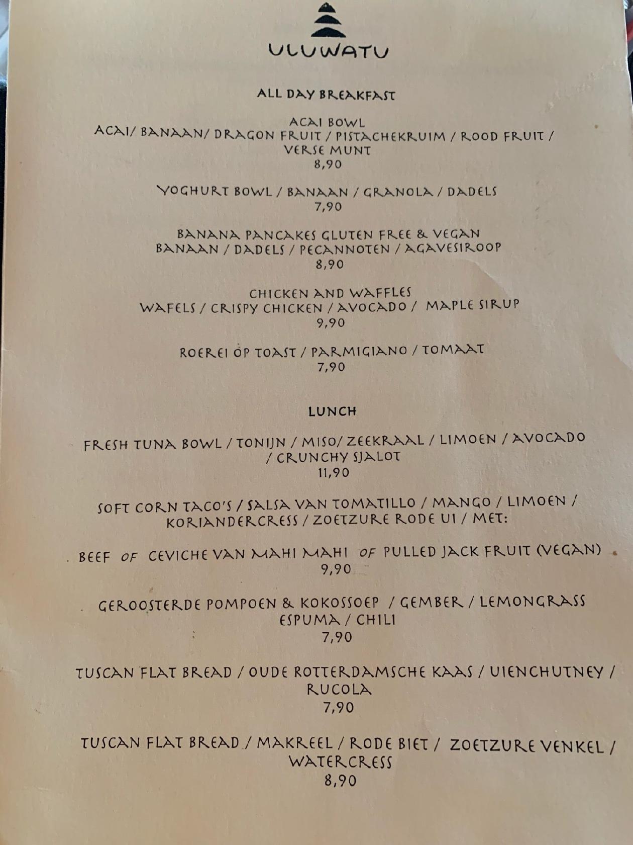 Menu at Uluwatu Beach, Hook of Holland