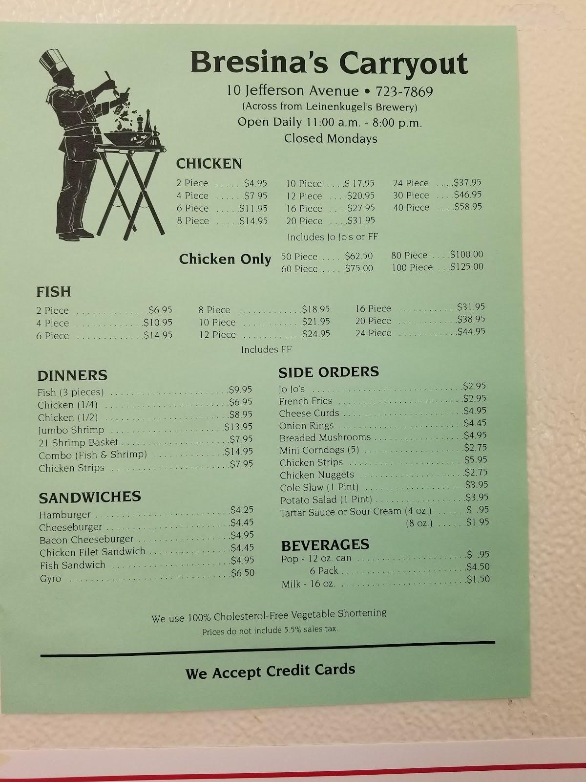 Menu at Bresina's Carry Out restaurant, Chippewa Falls